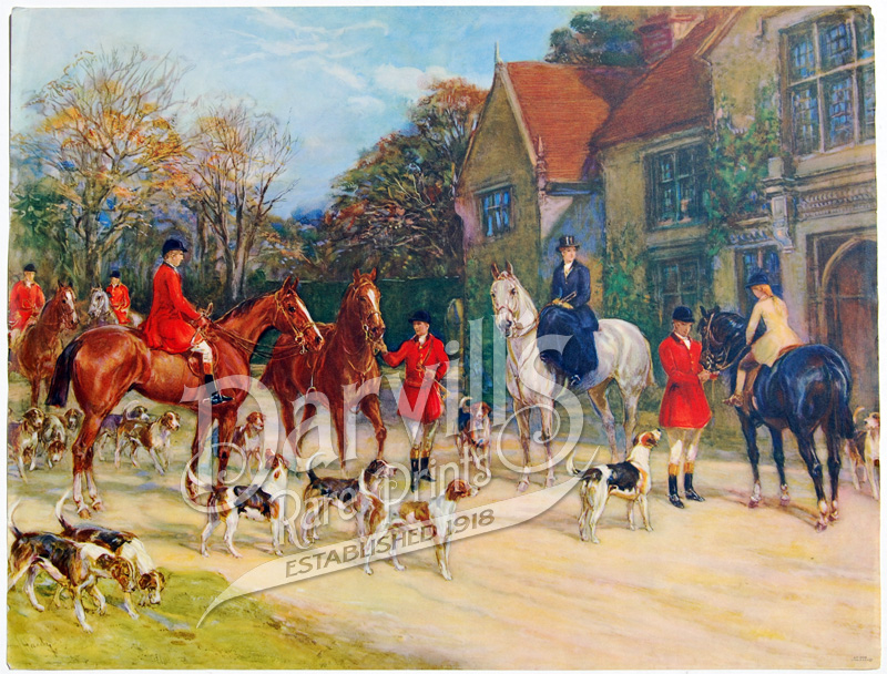 Vintage calendar or poster prints of fox hunting, dogs, horses, riders
