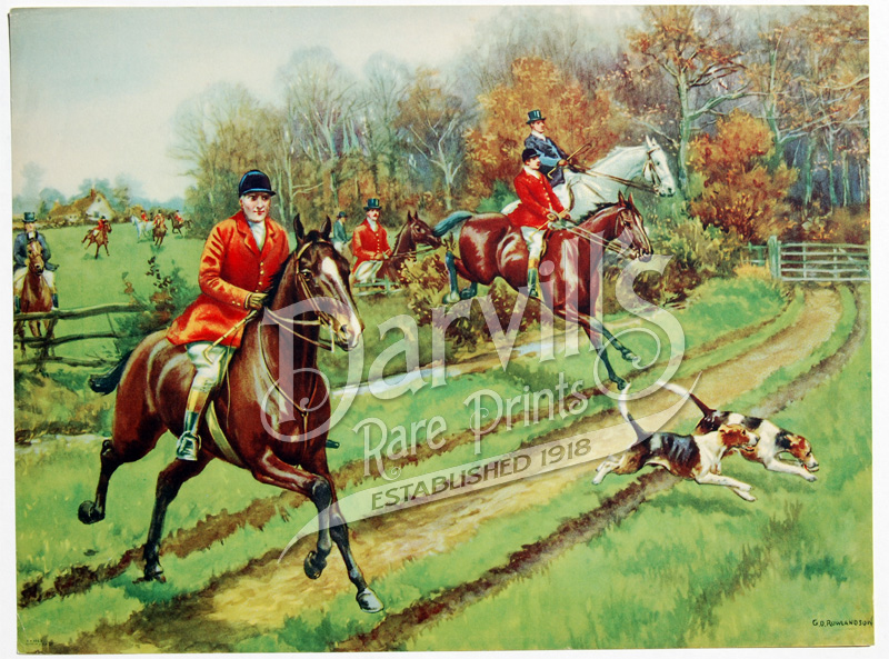 Vintage calendar or poster prints of fox hunting, dogs, horses, riders