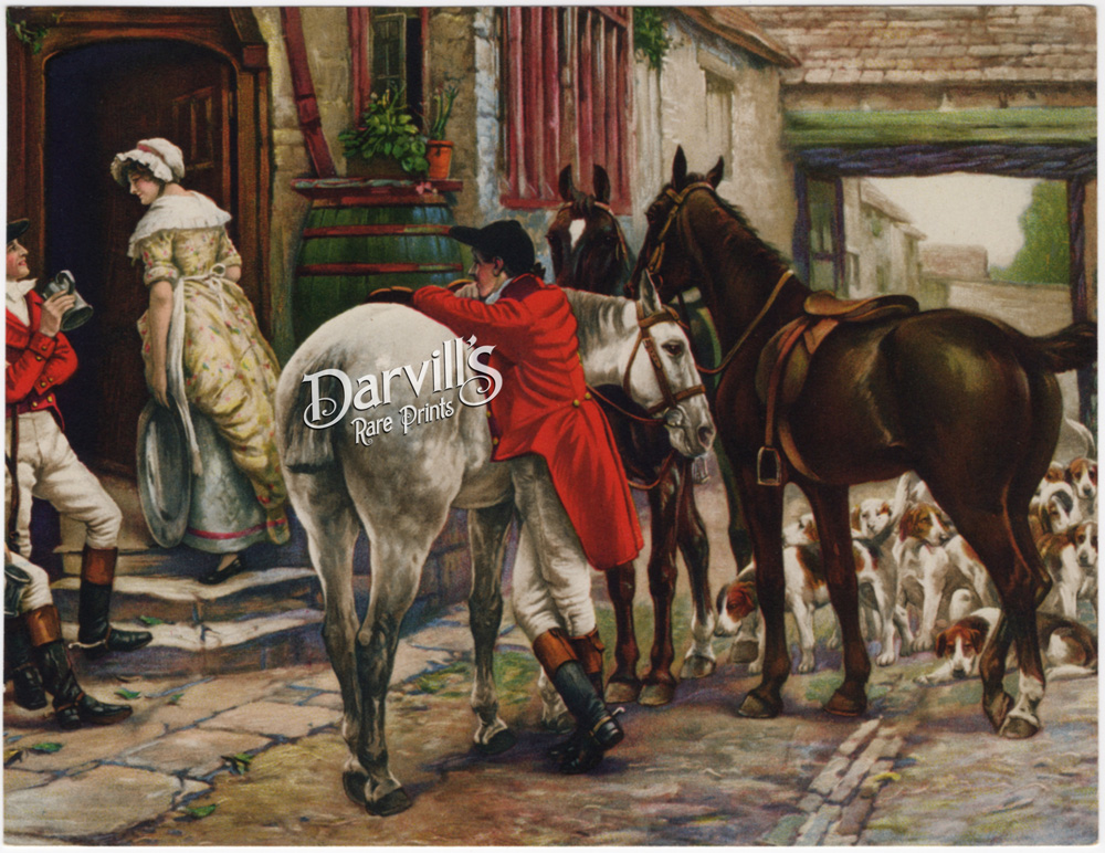 Vintage calendar or poster prints of fox hunting, dogs, horses, riders