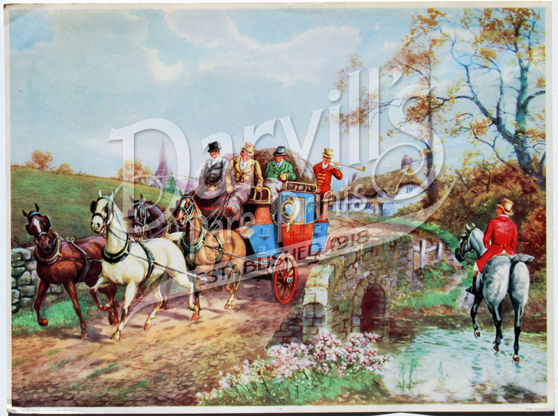 Vintage calendar or poster prints of fox hunting, dogs, horses, riders