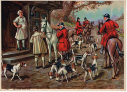 Vintage calendar or poster prints of fox hunting, dogs, horses, riders
