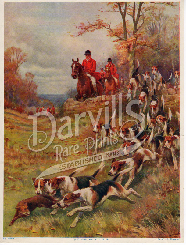 Vintage calendar or poster prints of fox hunting, dogs, horses, riders