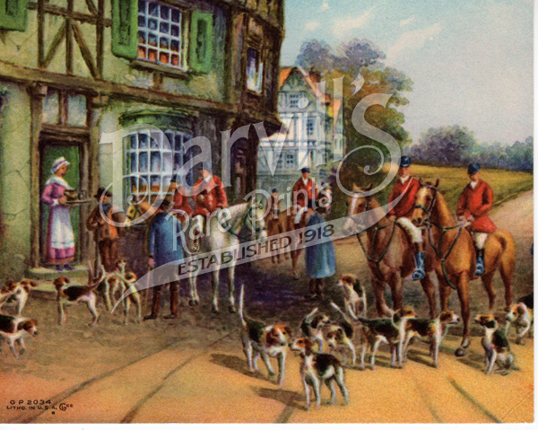Vintage calendar or poster prints of fox hunting, dogs, horses, riders