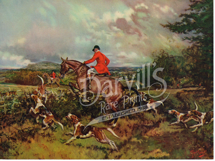 Vintage calendar or poster prints of fox hunting, dogs, horses, riders