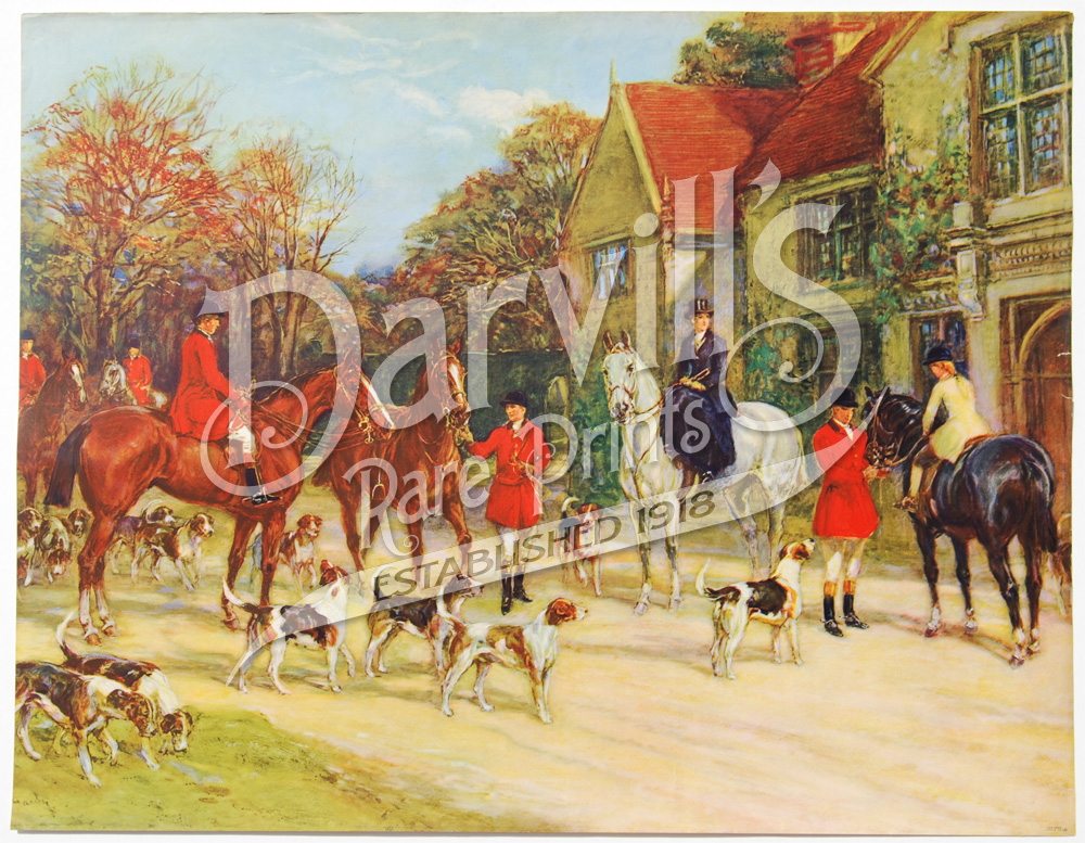 Vintage calendar or poster prints of fox hunting, dogs, horses, riders